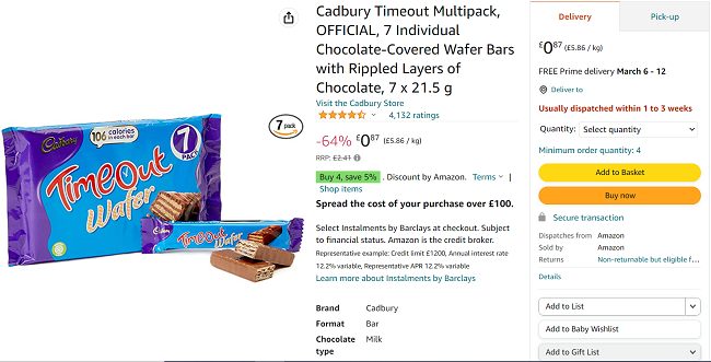 Cadbury Timeout 7 Bar Multipack x 4 £3.31 @ Amazon