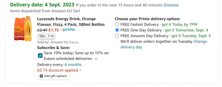 Lucozade Energy Drink, Orange Flavour 4 Pack, 380ml Bottles £1.75 @ Amazon