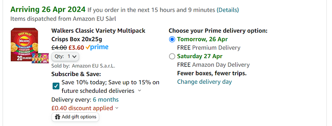 Walkers Classic Variety Multipack Crisps Box 20 x 25g £3.60 @ Amazon