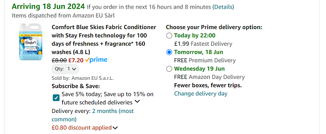 Comfort Blue Skies Fabric Conditioner 160 Wash £7.20 @ Amazon