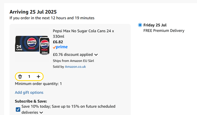 Pepsi Max No Sugar Cola Cans 24 x 330ml £6.82 @ Amazon